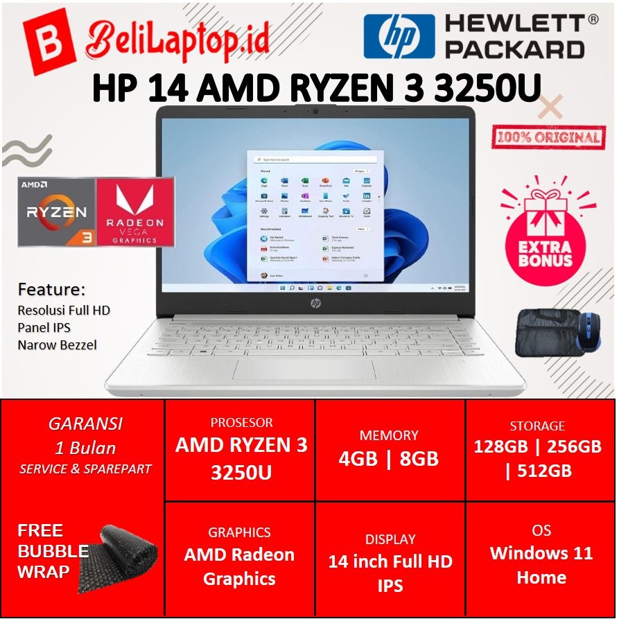 Jual Laptop hp 14 amd ryzen 3 8gb 512gb ssd 14 inch full hd ips silver ...