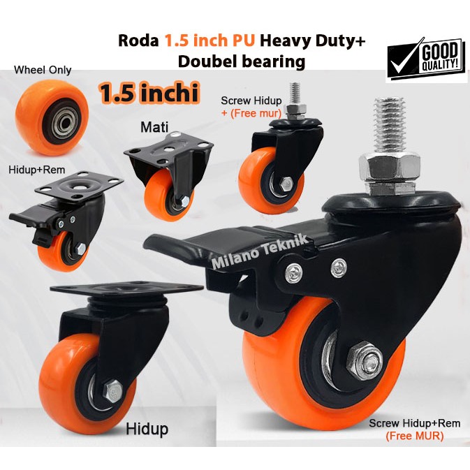 Jual Roda 1.5 inchi PU heavy duty + double bearing kastor caster troli ...