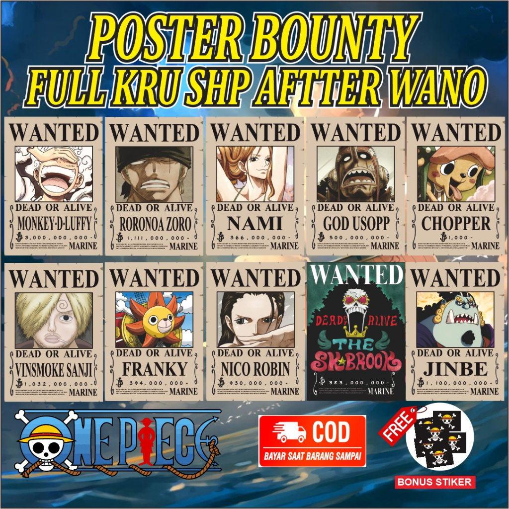 Jual Poster Buronan One piece A3+/ A4 FULL Kru SHP + Bonus ( ISI 10 ...