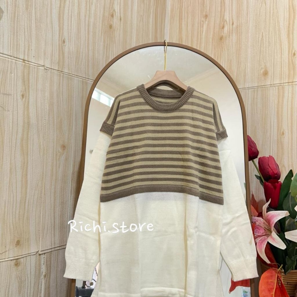 Jual Hera Blouse Rajut Wanita Panjang Motif Garis | Shopee Indonesia