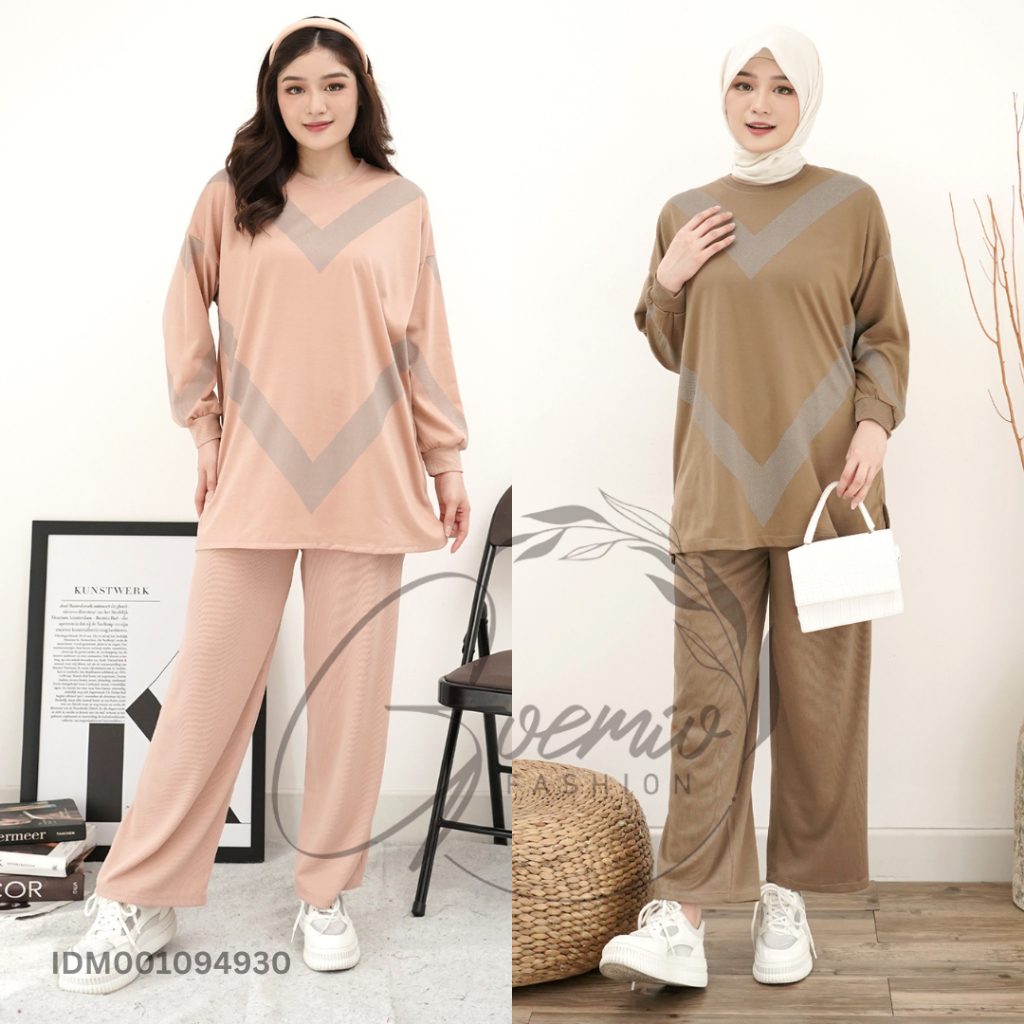 Jual ilook | LD 120 One Set Double V Setelan Katun Knit Combi Atasan Motif Lengan Panjang Dan ...