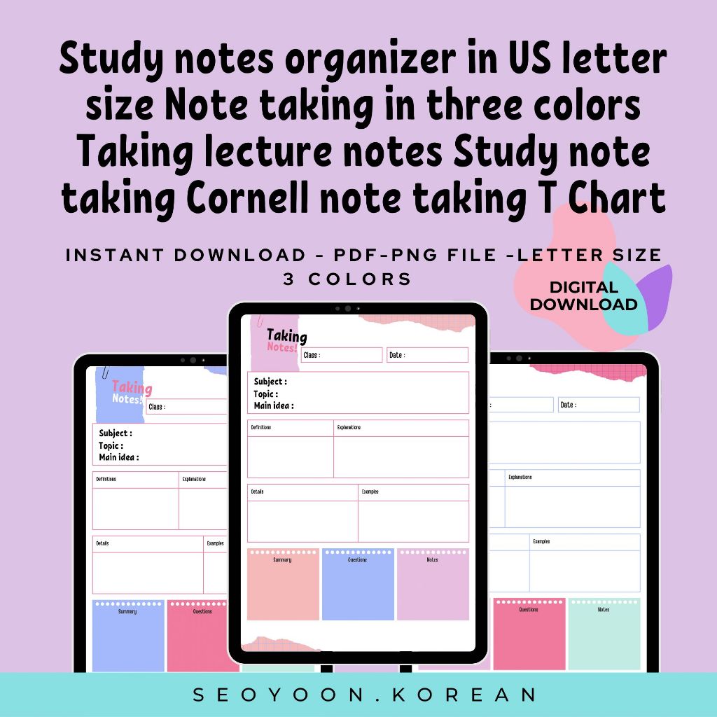 Jual Study notes organizer in US letter size Note taking in three ...