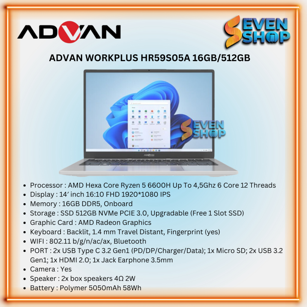 Jual ADVAN Laptop WorkPlus HR59S05A (AMD R5-6600H/ Ram 16G/512G/WIND11 ...