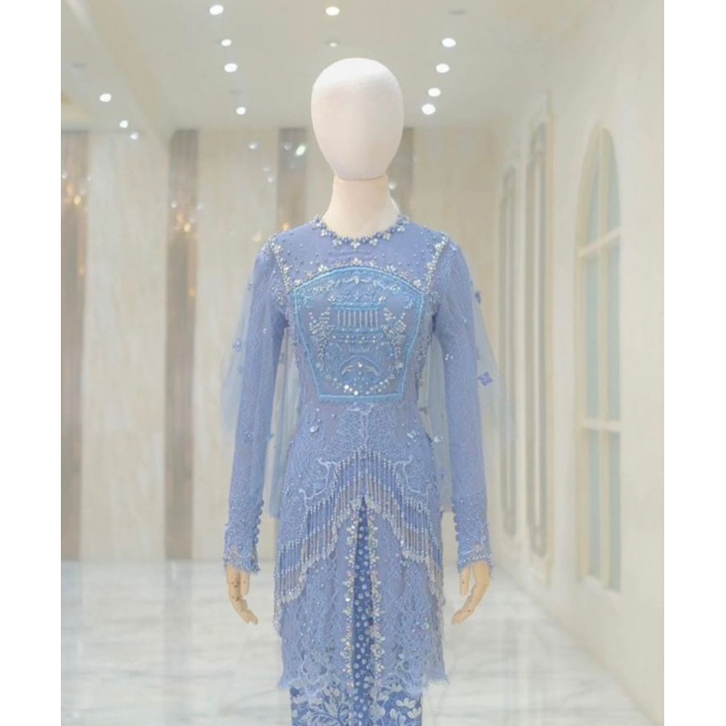 Jual Ivory Kebaya Preloved Blue Denim free hijab | Shopee Indonesia