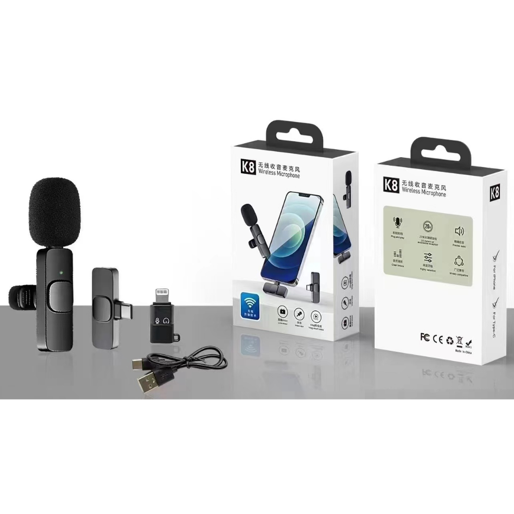 Jual Mic Clip On Mikrofon Wireless 1 & 2 Microphone K8 1 Mic Type C USB ...