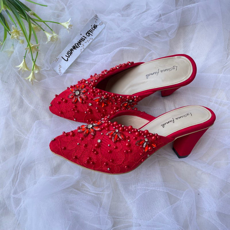 Jual LEE YUJIN SAMSA | Heels Sepatu Payet warna merah cabe hak 5 cm ...