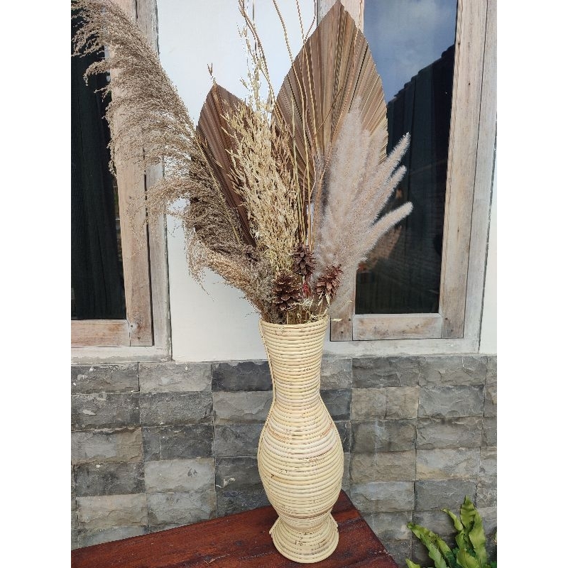 Jual Paket lengkap vas rotan dan 12pcs daun palem kering lebar 40cm ...