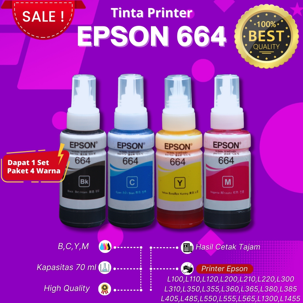 Jual TINTA EPSON 664 ( 1Set ) PREMIUM Printer L100/L110/L120/L200/L210/L220/L300/L310/L350/L355 ...