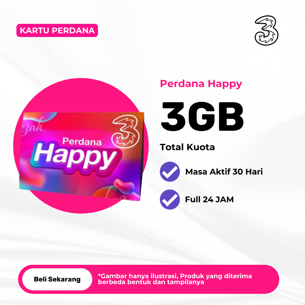 Jual Kartu Perdana Tri Happy 3GB 30 Hari 24 JAM Nasional - Kartu ...