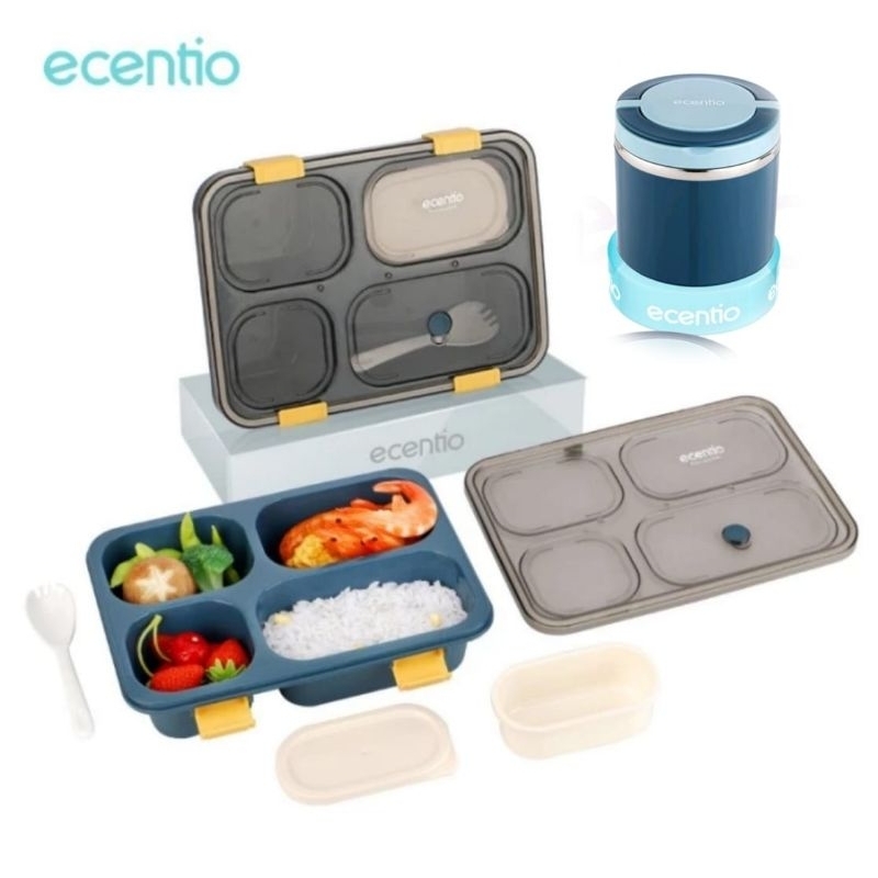 Jual Lunch Box Ecentio 4skat Blue + Cangkir Sup Paket Set Ecentio Kotak ...