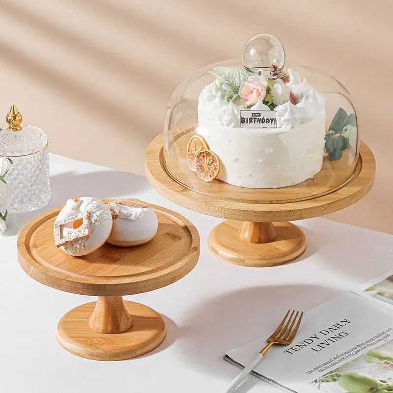 Jual Tempat Kue Round Wooden Cake Stand Bamboo with Glass Dome Cover ...