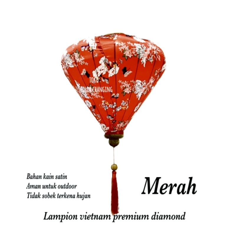 Jual lampion vietnam diamond L Merah corak bunga kain satin outdoor ...