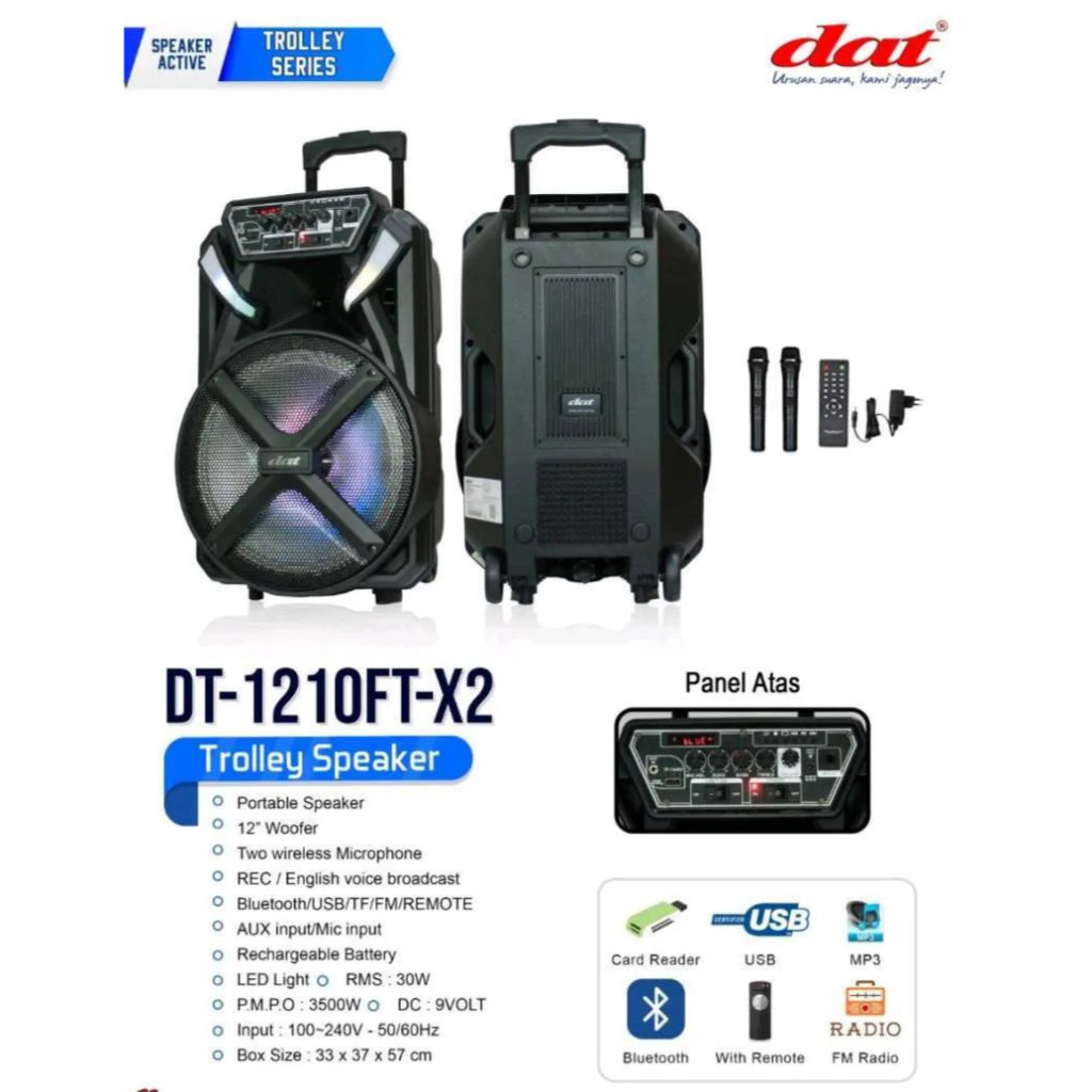 Jual Speaker DAT DT-1210FT-X2 Trolley Free 2 Mic Wireless 12 Inc ...