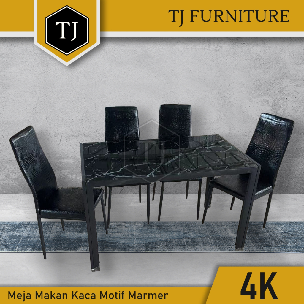 Jual Full Set Meja Makan Kaca Tempered Motif Marmer Kaki Besi dan 4 ...