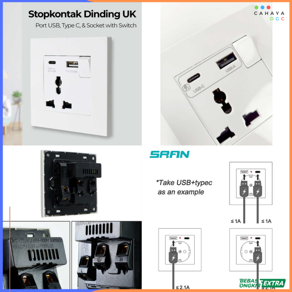 Jual Colokan Stop Kontak Dinding Model UK 2 Port USB + Type-C Socket ...