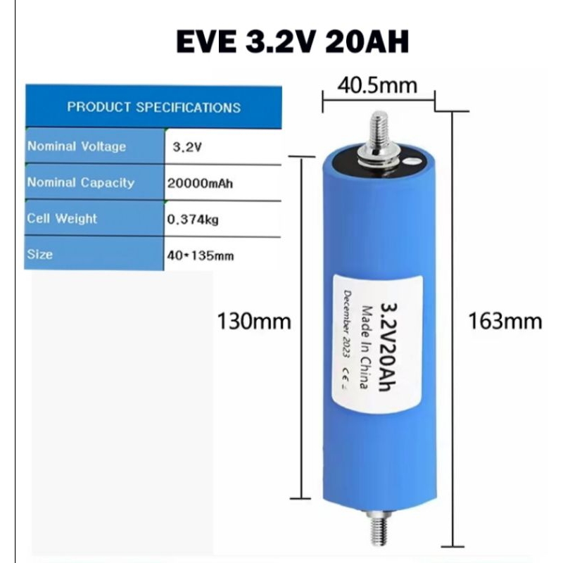 Jual Battery lifepo4 3.2v 20AH Silinder 40*135mm Brand EVE Baru, Plus holder Busbar & Baut ...