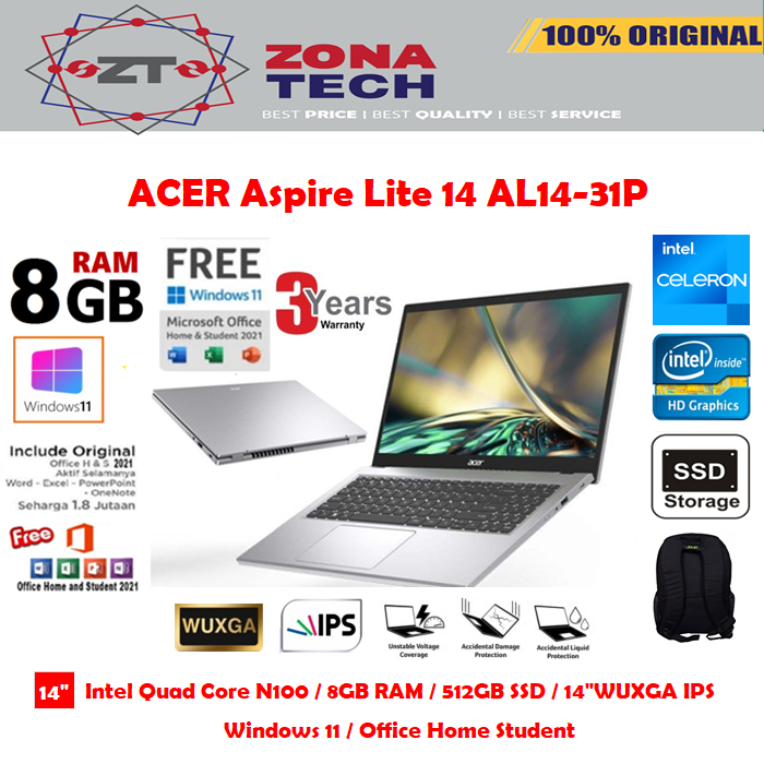 Jual ACER Aspire Lite 14 AL14-31P Intel N100 8GB 512GB SSD 14"WUXGA IPS ...