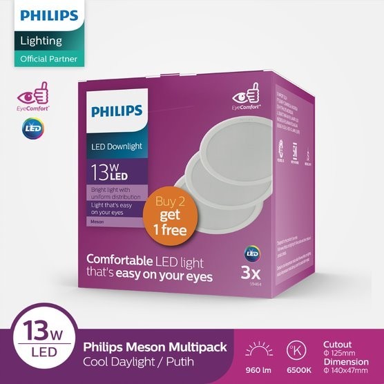 Jual PHILIPS LED DOWNLIGHT MULTIPACK LAMPU 13 WATT BELI 2 GRATIS 1 ...