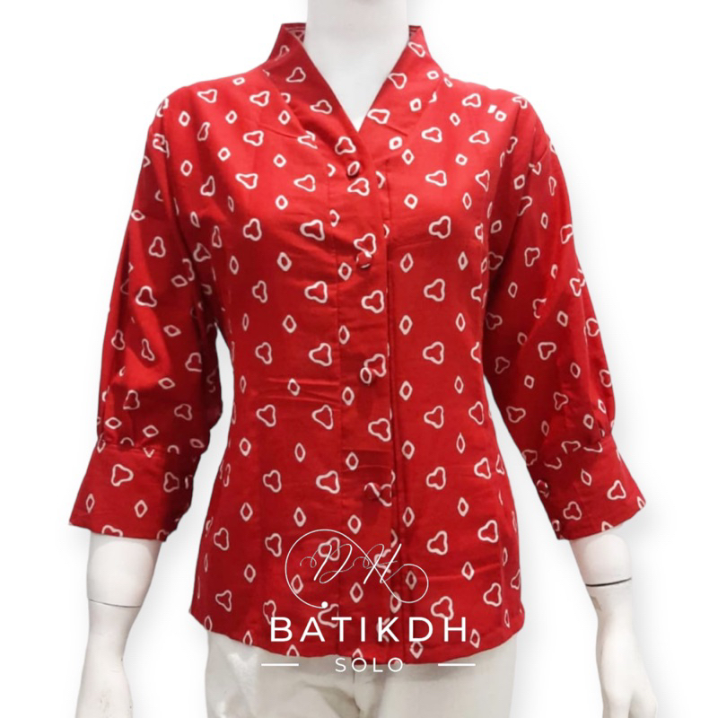 Jual Atasan Blouse Batik Wanita Warna Merah Full Kancing Depan Lengan ...