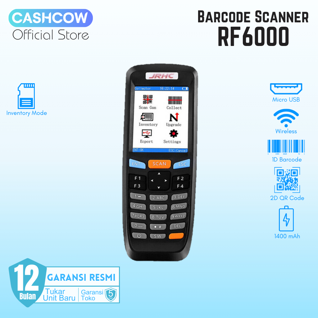 Jual Barcode Scanner PDT Handheld 2D Wireless Cashcow RF6000 | Shopee ...