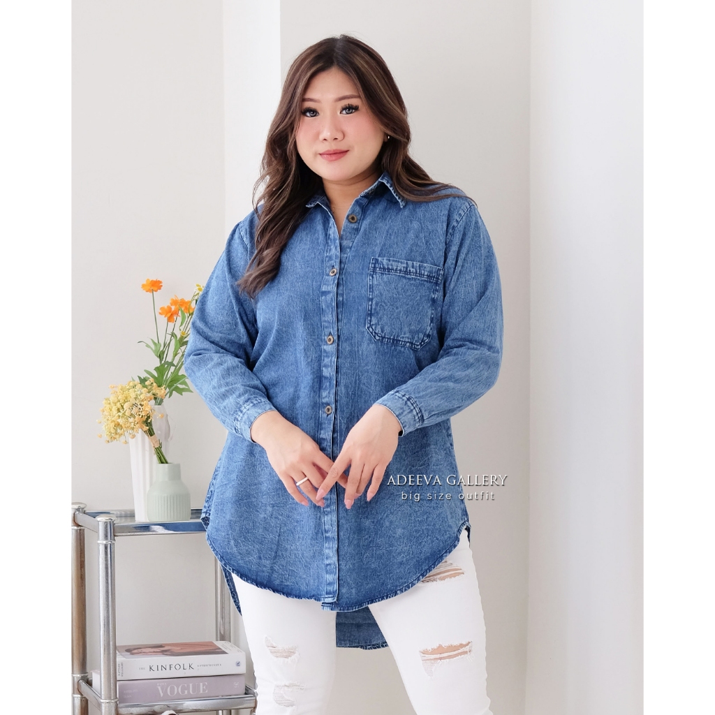 Jual ADEEVA Jeans Tunik Jumbo Kemeja Jeans Wanita Jumbo | Shopee Indonesia