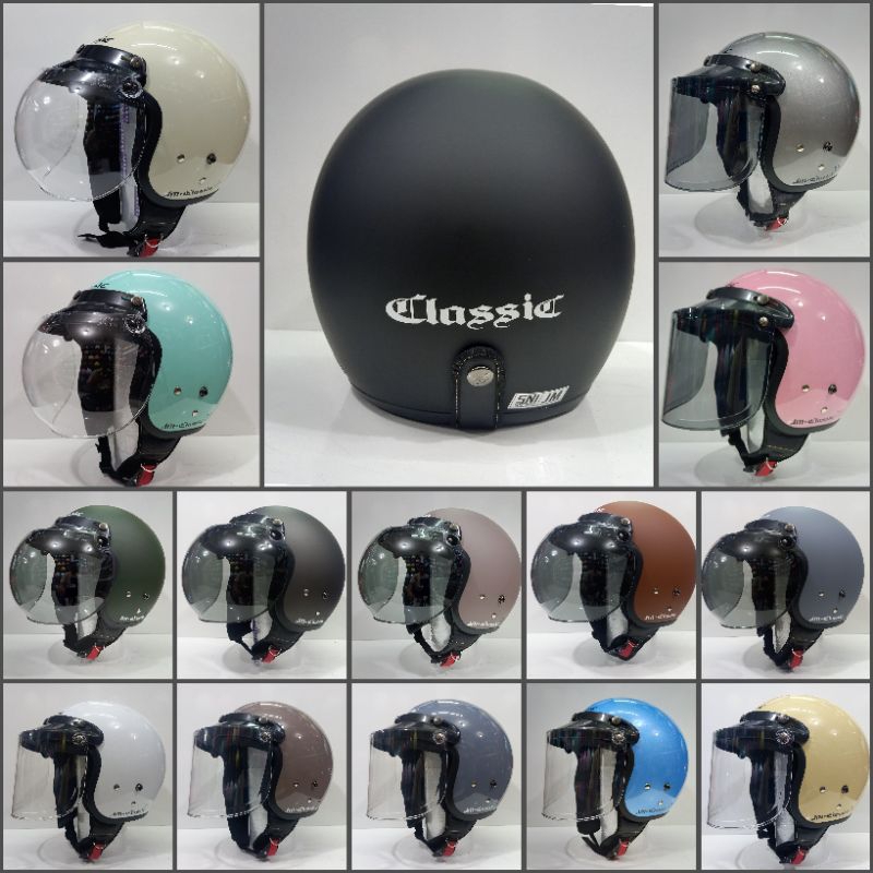 Jual HELM CLASIK JM 08 POLOS FULL LEHER KACA CEMBUNG/KACA DATAR ...