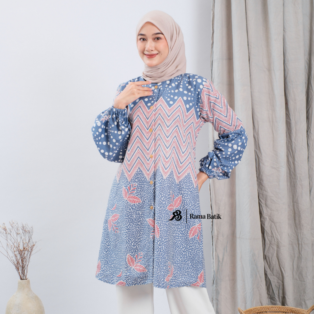 Jual Tunik Batik Wanita Modern Tunik Kancing Lengan Balon Warna Soft ...