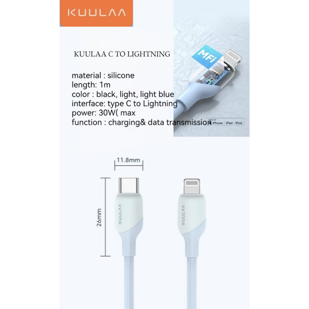 Jual KUULAA Kabel MFI Type C to Lightning Soft Silicone 30W Cable 1M ...