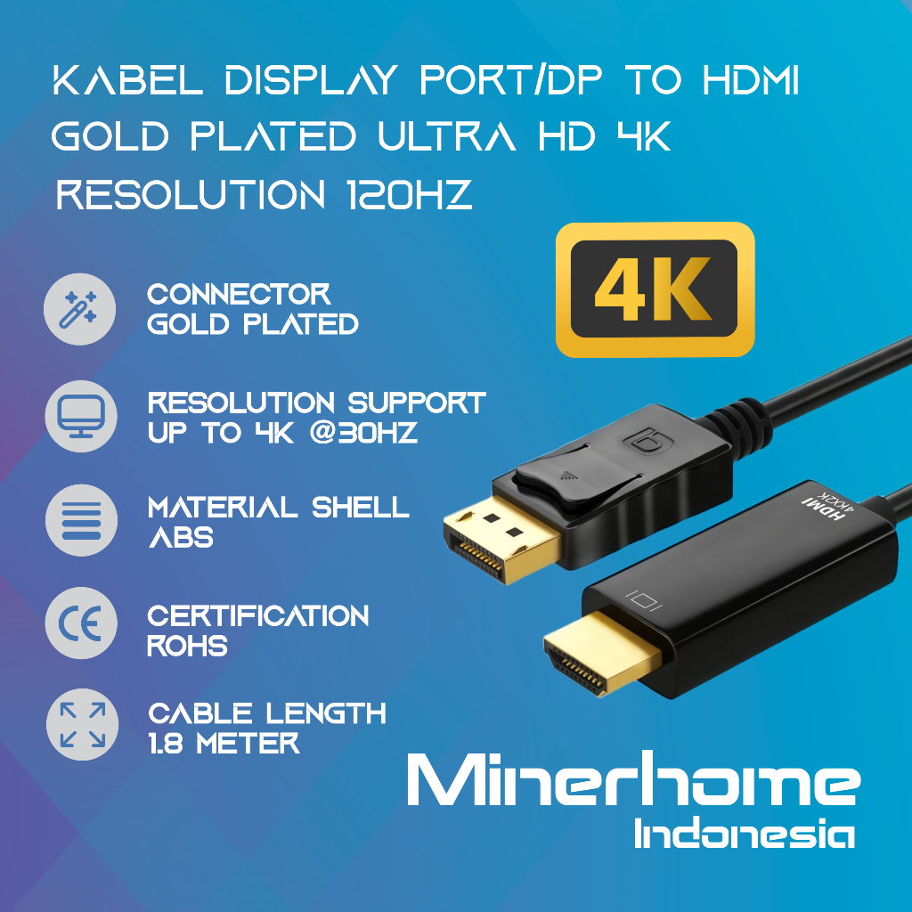 Jual Kabel Display Port / DP to HDMI Gold Plated 4K 120Hz High Quality ...
