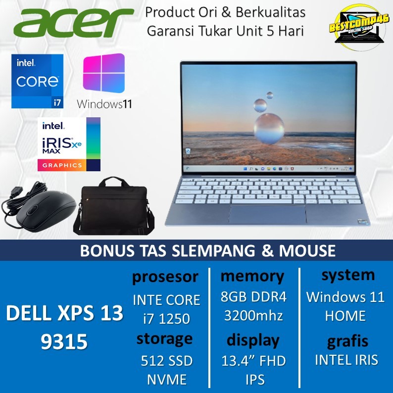 Jual Dell Xps 13 9315 i7 1250 8GB 512GB 13.4FHD IPS WIN11 | Shopee Indonesia