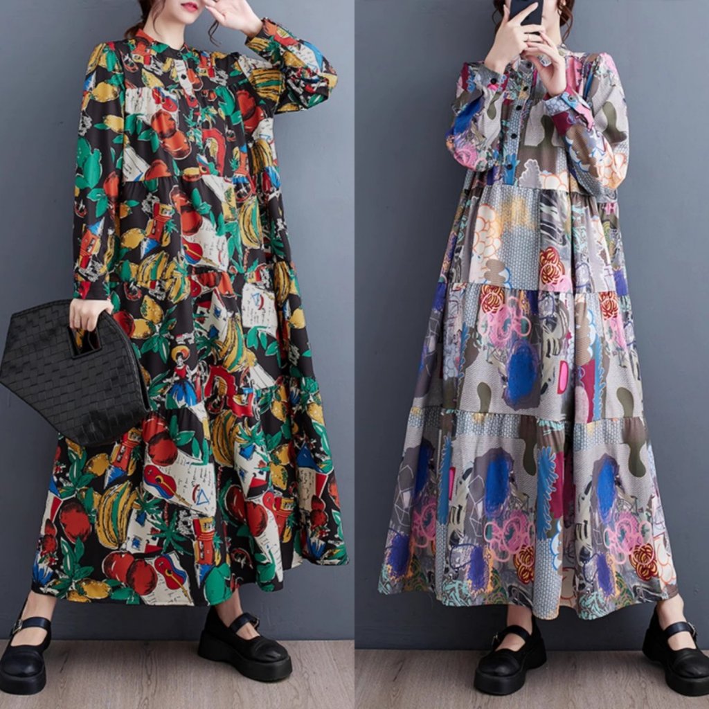 Jual LC648 Premium Oversized Midi Dress Floral Abstrak Fashion Korea ...