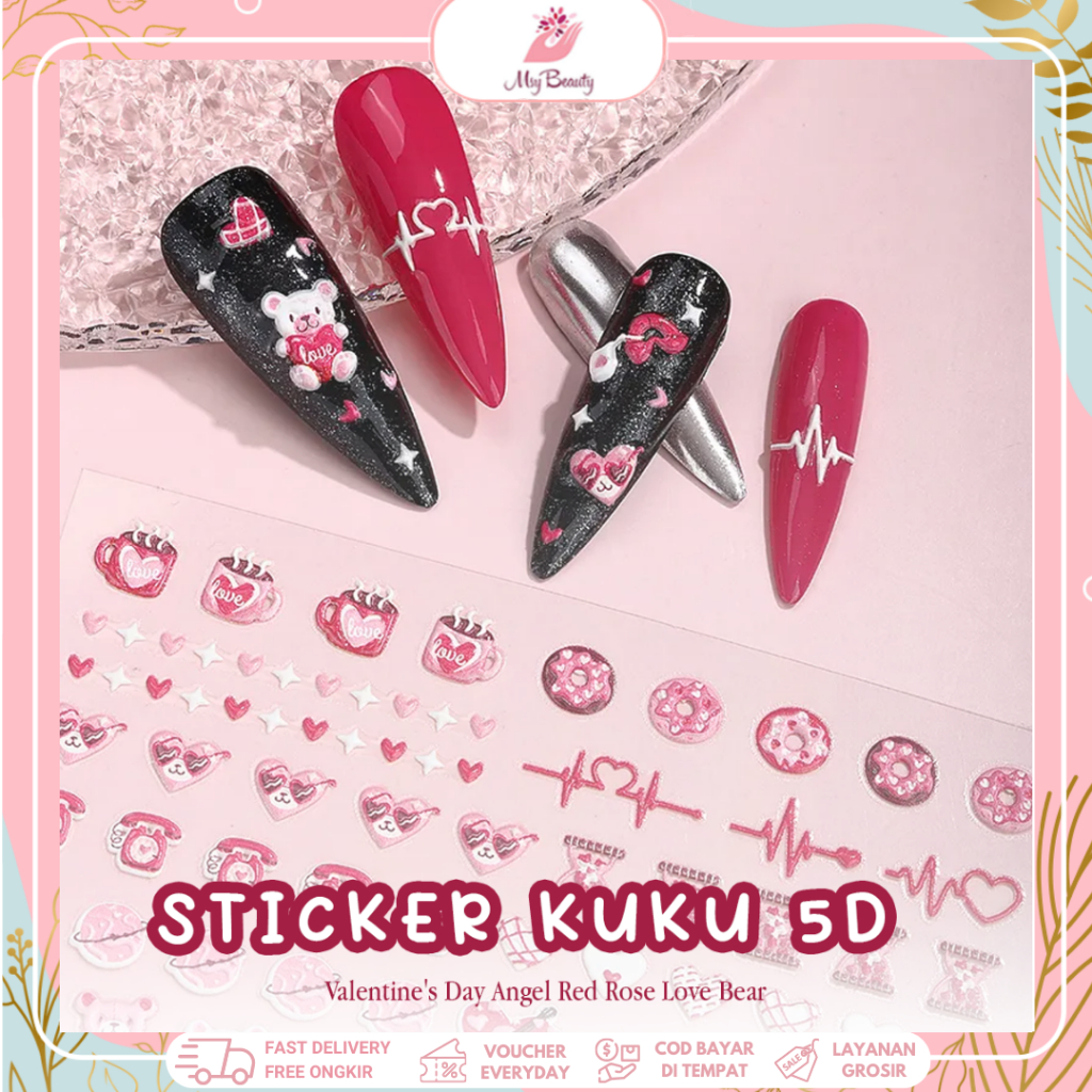 Jual MSY Stiker Kuku 5D Tema Valentine Angel Red Rose Love Bear/Sticker ...