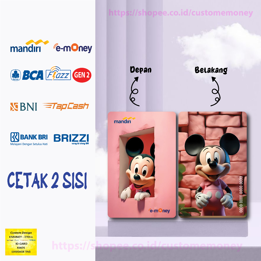 Jual KARTU EMONEY DESIGN ANIME MICKEY MOUSE PINK ETOLL E-MONEY MANDIRI ...