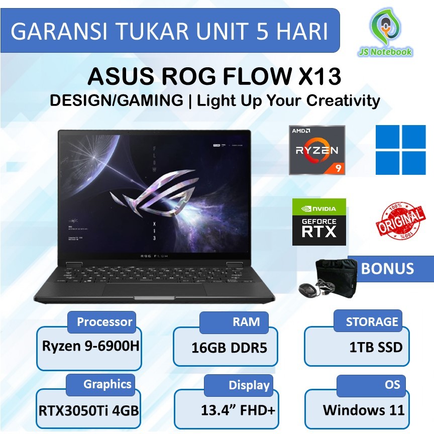Jual Asus Rog Flow X13 GV301 RTX3050Ti 4GB Ryzen 9-6900HS 16GB 1TB SSD ...