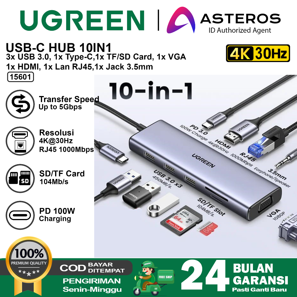 Jual Ugreen Usb Hub Type C To Rj45 Hdmi 4k Vga Sd Card Aux 3 5mm 15601