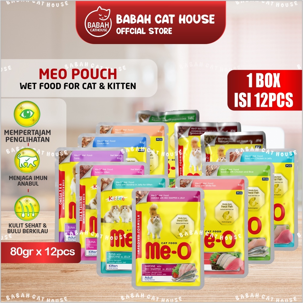 Jual 1 BOX ISI 12pcs ME-O POUCH Wet Cat Food Meo Kitten Adult Makanan ...