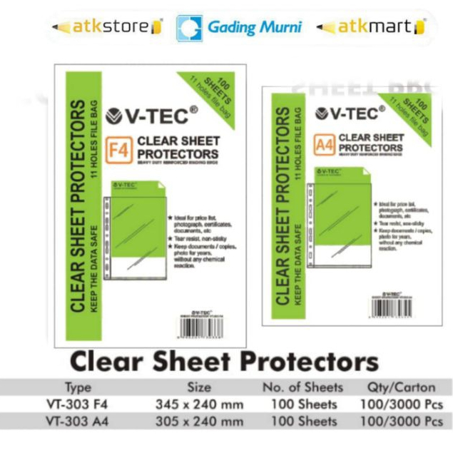 Jual SHEET PROTECTOR A4 F4 V-TEC PP POCKET ISI 100 LEMBAR PELINDUNG ...