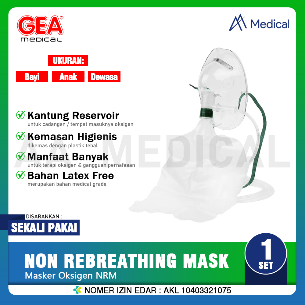Jual GEA Oxygen Mask Non Rebreathing Masker Oksigen NRM Kantung Dewasa ...