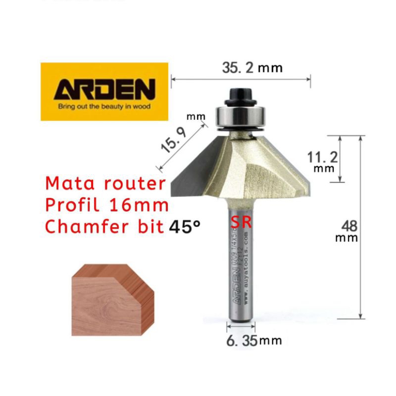 Jual Mata Router/ Profil 16 mm (1/4×5/8) Chamfer Bits 45 Derajat ARDEN ...