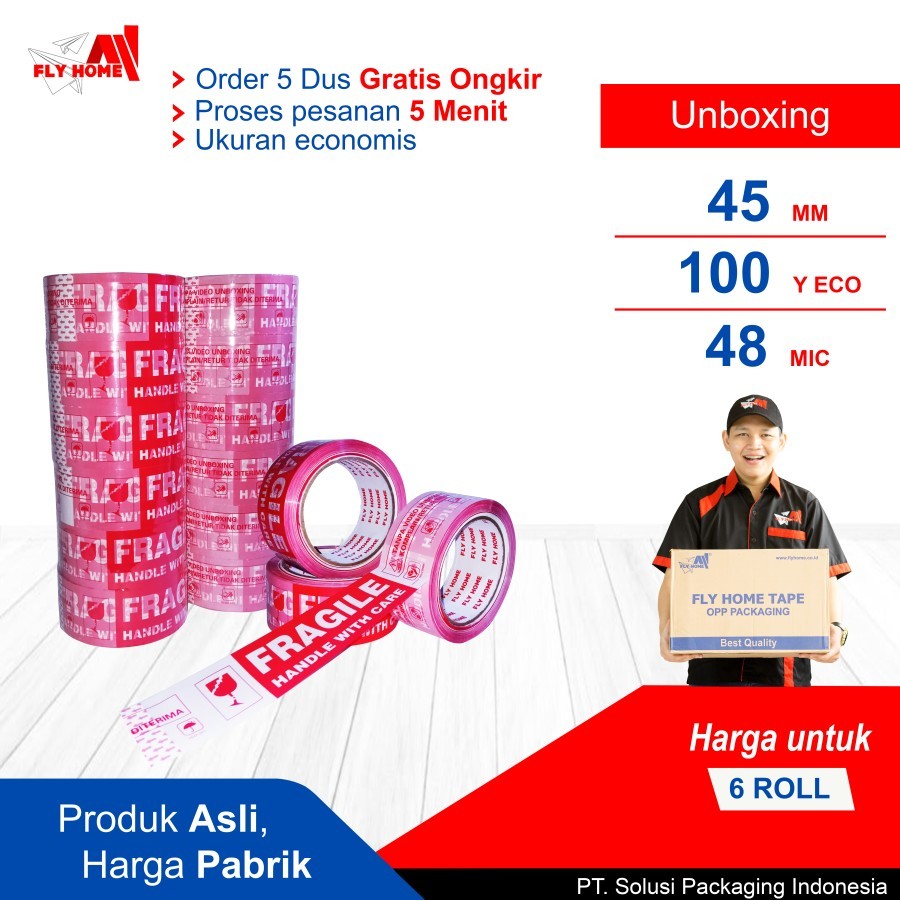 Jual FLYHOME Fragile unboxing 100yard 45mm x 100yard 6 roll lakban segel 100 yard ECO | Shopee ...