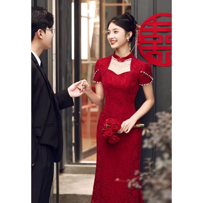 Jual dress cheongsam panjang imlek sangjit tepai ceremony imlek cny ...