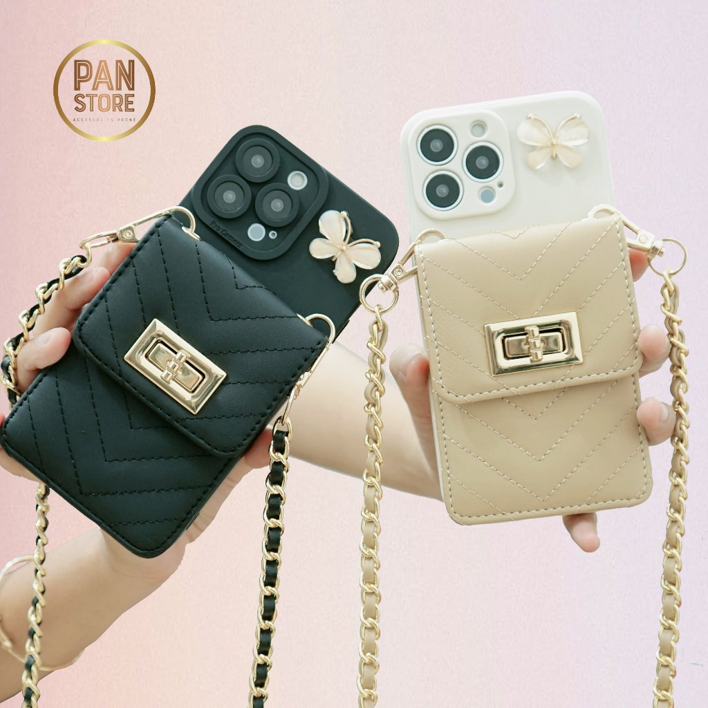 Jual Case hp Dompet Kulit Tempelan Kupu-Kupu + Tali Selempang Rantai ...