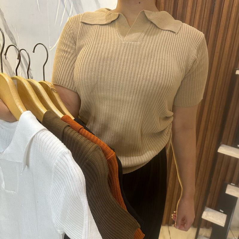 Jual Atasan BerKerah Polo Rajut / Korean Kaos Serut Vneck / T-Shirt Atasan Wanita Lengan Pendek ...