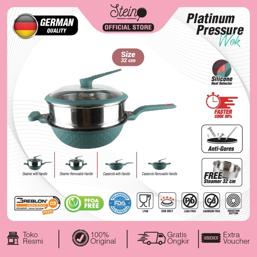 Jual STEIN WOK PLATINUM PRESSURE COOKER FREE STEAMER 32 CM STEINCOOKWARE | Shopee Indonesia