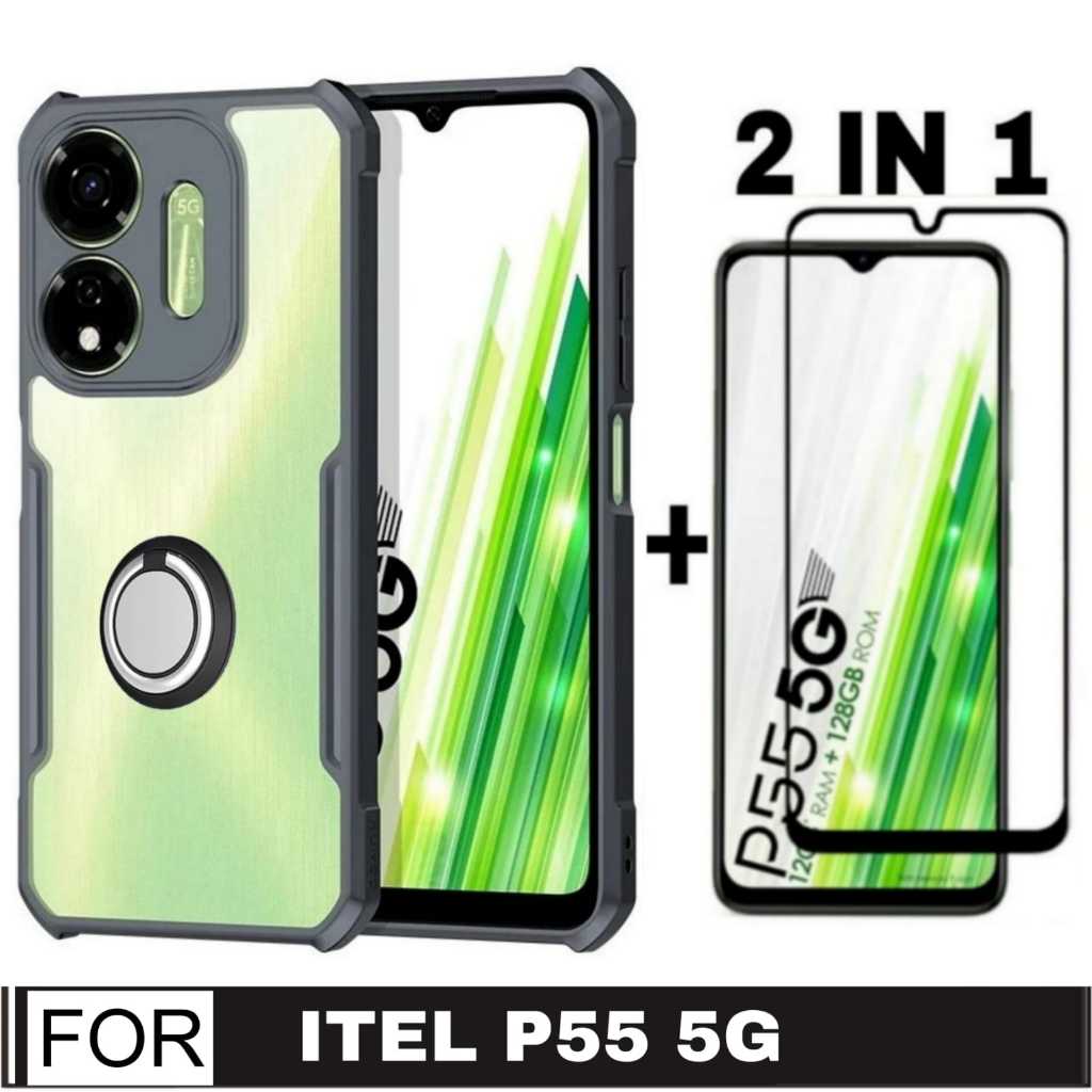 Jual Paket 2 in 1 Case Itel P55 5G 2023 Black Bumper Premium Case Armor Transparent Free Holder ...