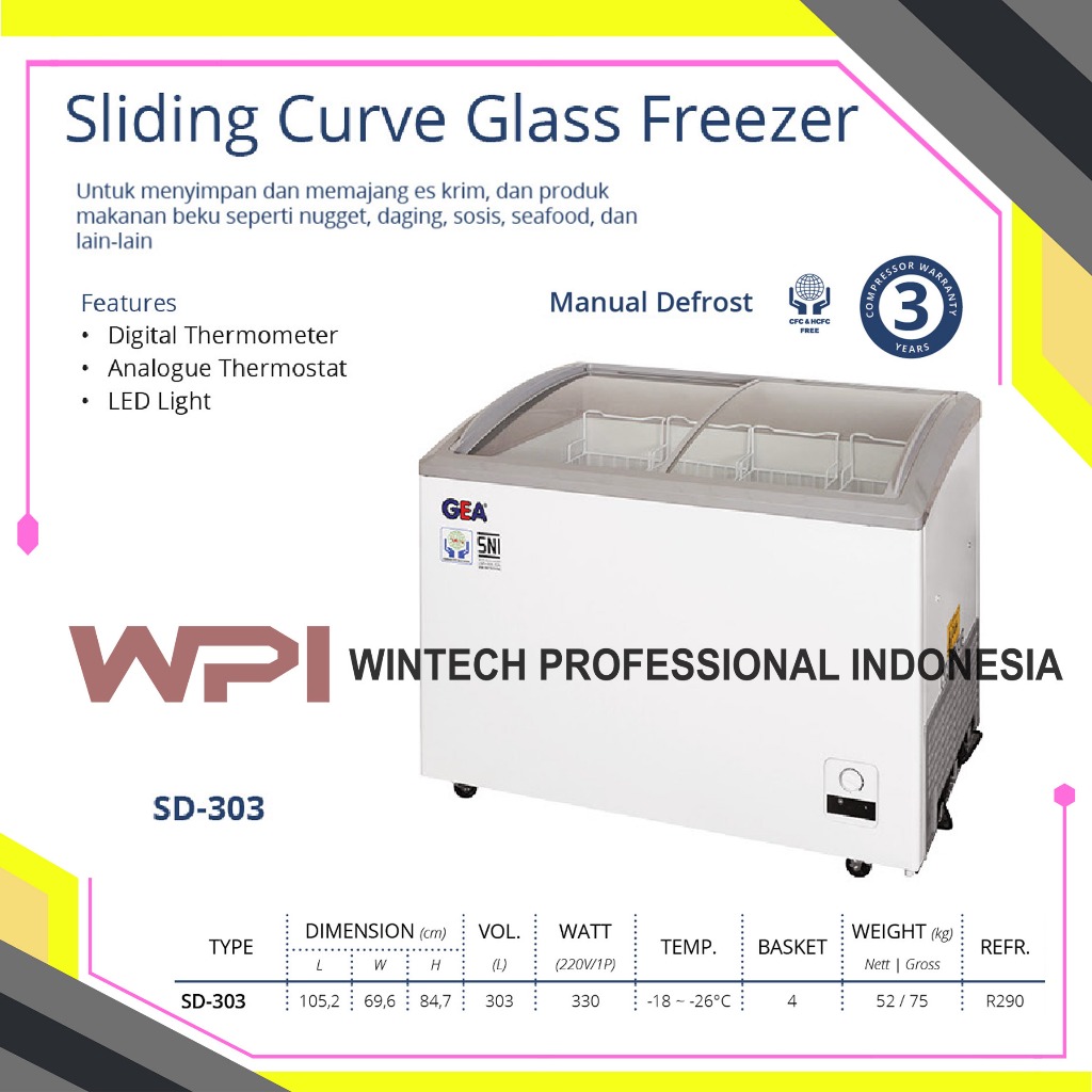 Jual KHUSUS LUAR KOTA - Gea SD-303 Sliding Curve Glass Freezer Kulkas ...