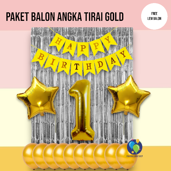 Jual Paket Ulang Tahun HBD Tirai Gold Angka / Set Dekorasi Ulang Tahun ...