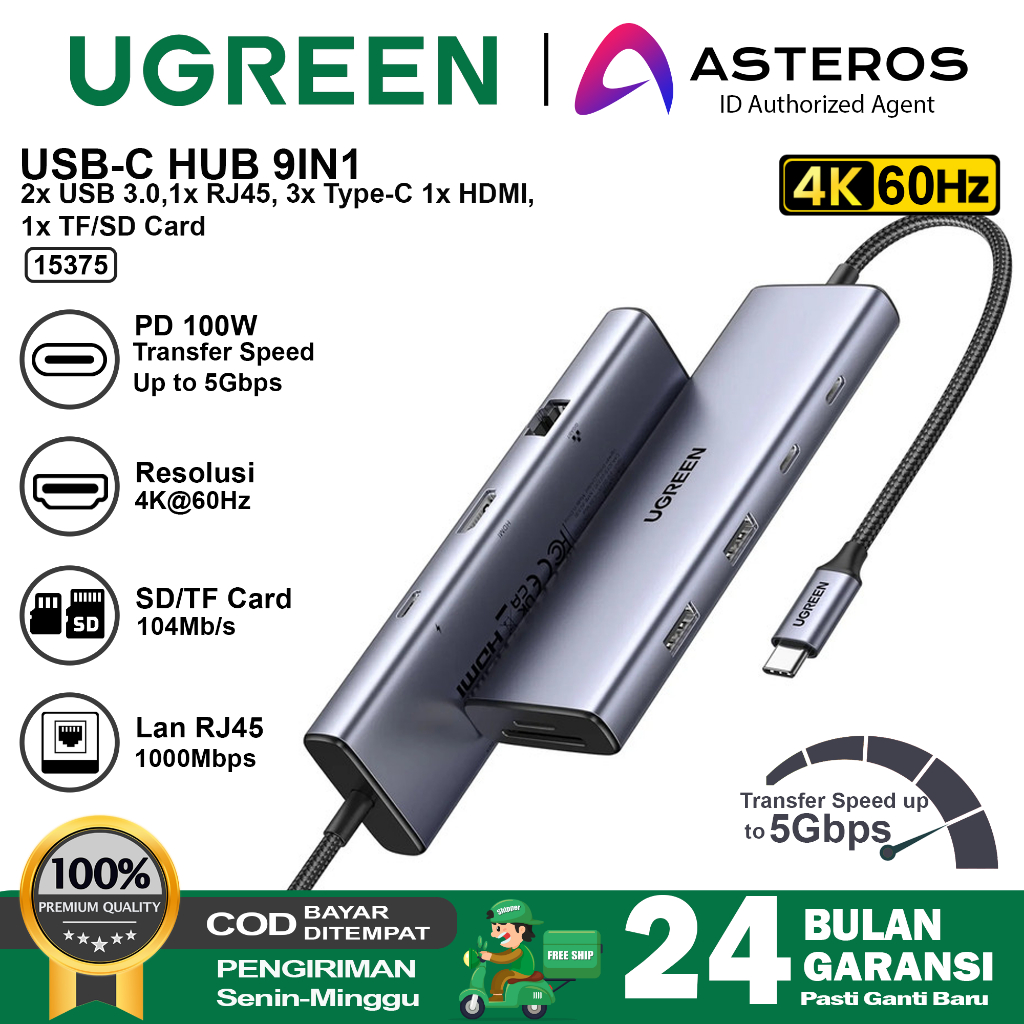 Jual UGREEN Hub 9IN1 USB Type C to Rj45 HDMI 4K 60Hz USB 3.0 PD 100W SD TF Card 15375 | Shopee ...