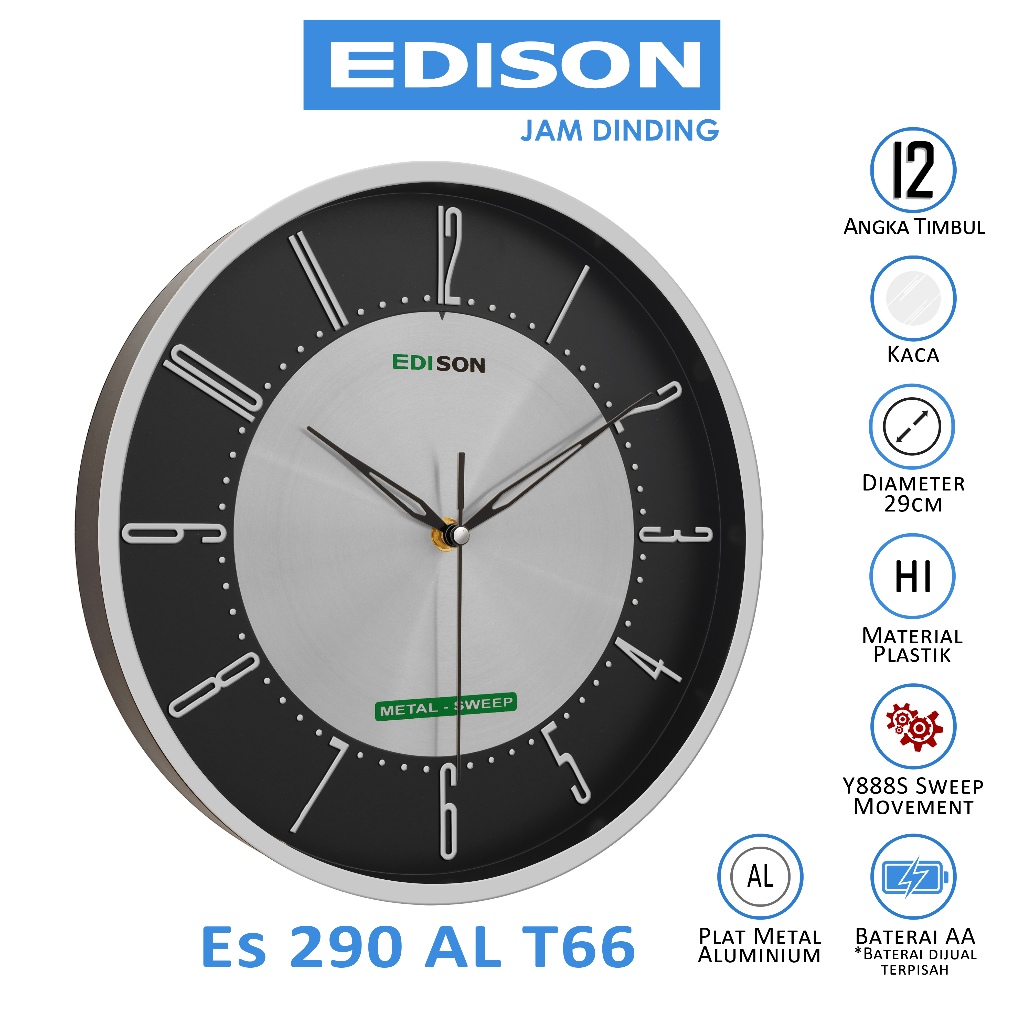 Jual Jam Dinding Edison Sweep ES 290 AL T66 Timbul Diameter 290mm 29cm ...