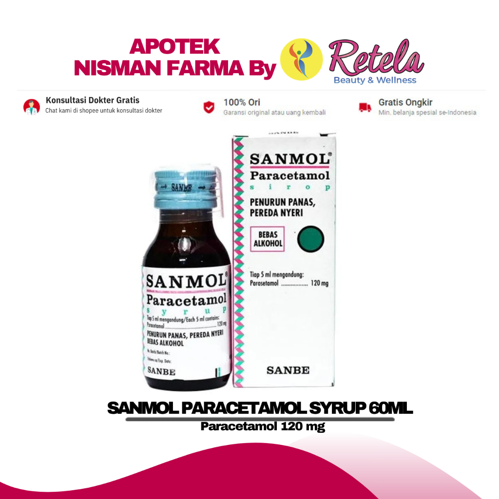 Jual SANMOL PARACETAMOL SYRUP 60ML ( PARACETAMOL 120 MG ) / DEMAM / SAKIT KEPALA / SAKIT GIGI ...